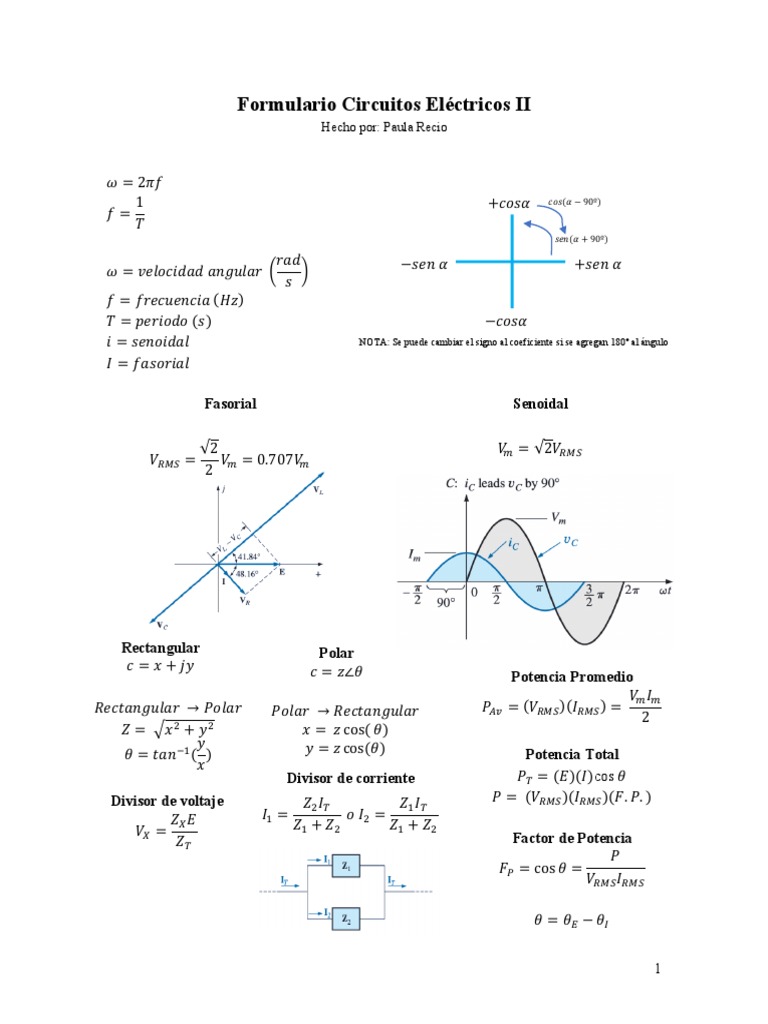 Formulario Circuitos Eléctricos II | PDF | Impedancia eléctrica | Energia electrica