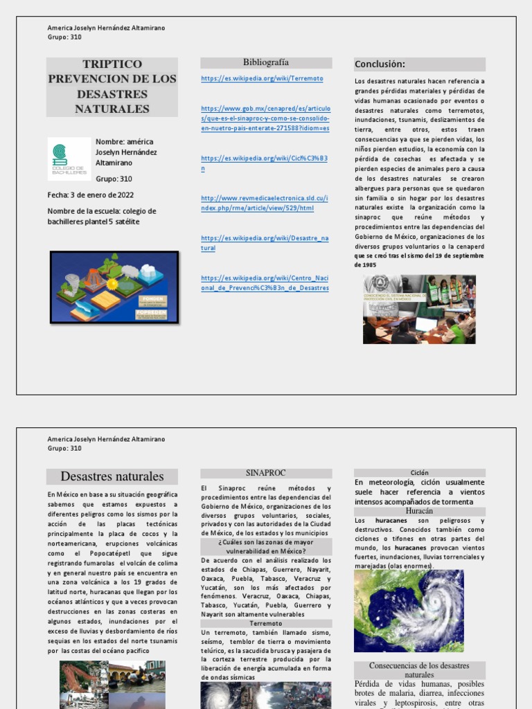 Triptico Prevencion de Los Desastres Naturales | PDF | Temblores | Ciclones tropicales