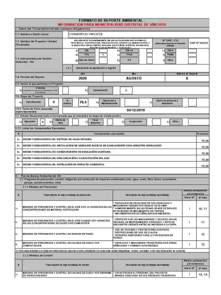 1 FORMATO REPORTE AMB AGOSTO 2020 6 - FTA Vinchos | PDF | Residuos ...