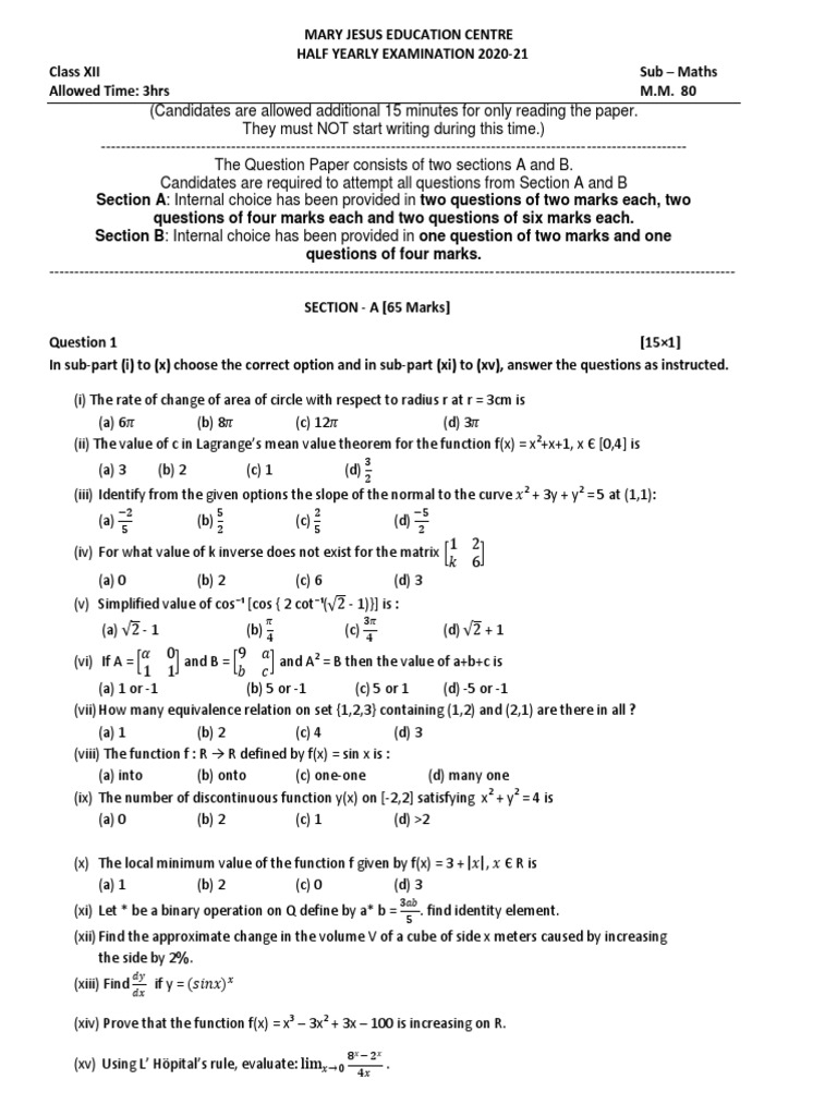 MJEC Half Yearly Exam 2020-21 Maths Solutions | PDF | Function (Mathematics) | Matrix (Mathematics)