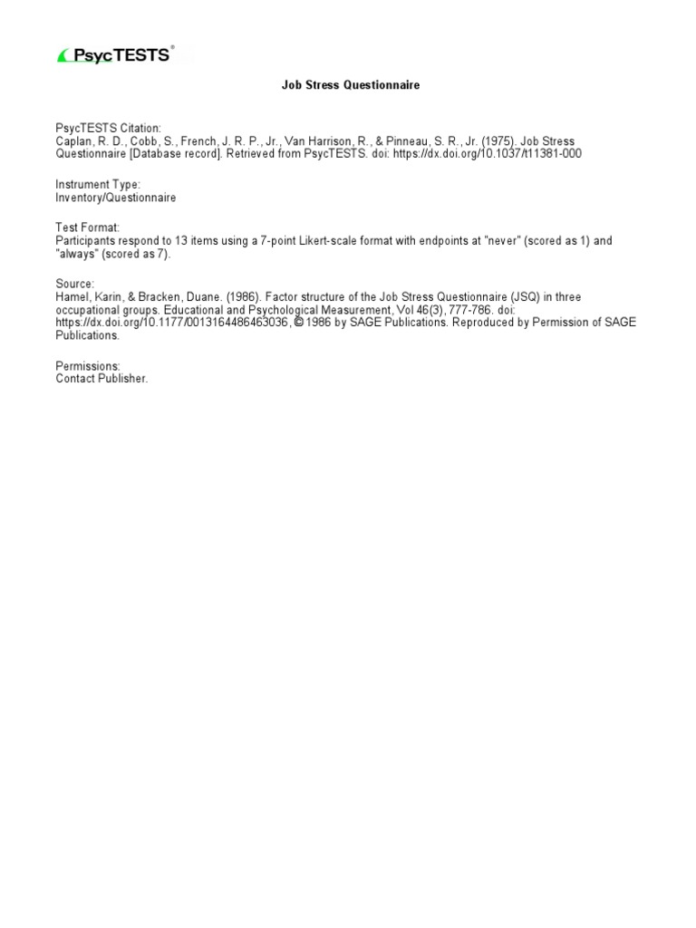 Job Stress Questionnaire | PDF