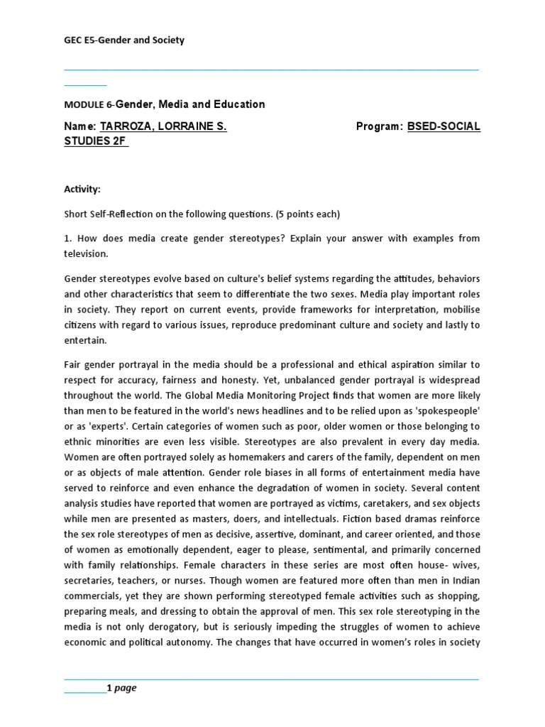 Module 6-Answer Activities Gender and Society | PDF | Gender Role | Stereotypes