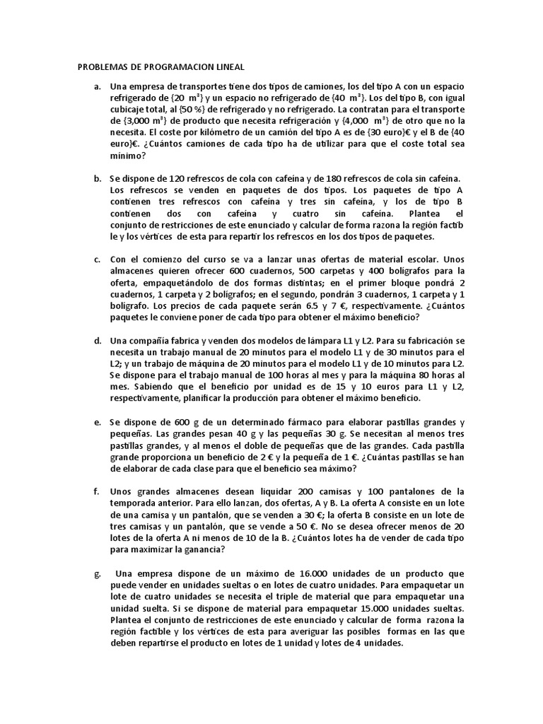 Problemas de Programacion Lineal | PDF | Oferta (economía)