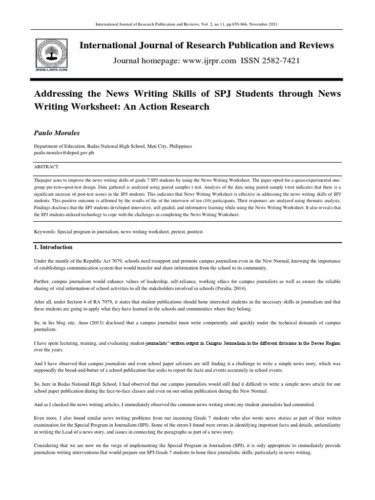 Enhancing SPJ Students' News Writing Skills | PDF | Schools | Student's ...