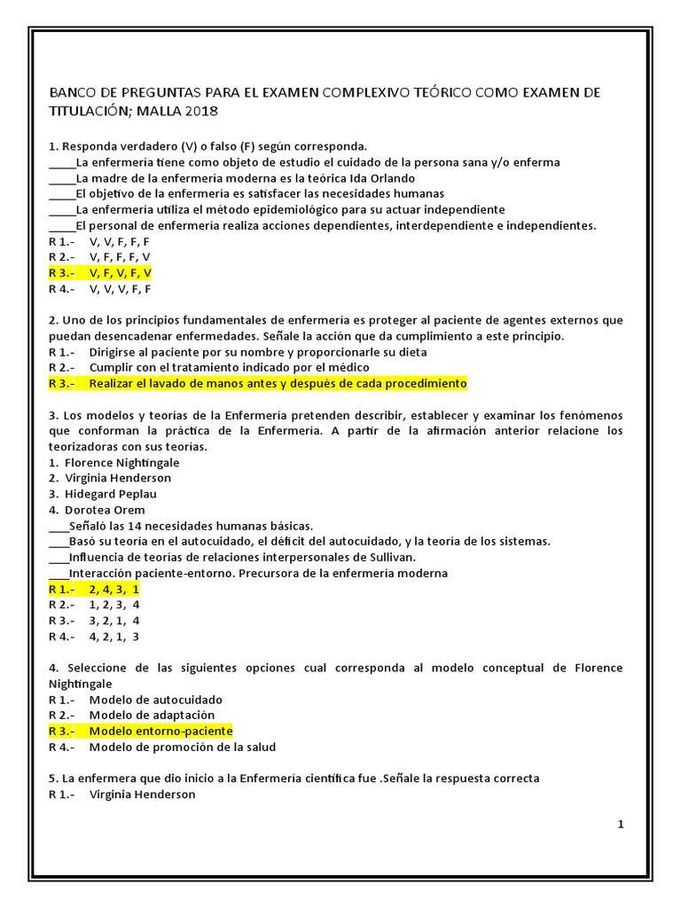 Banco de preguntas para examen teórico de titulación en enfermería | PDF | Presión sanguínea ...