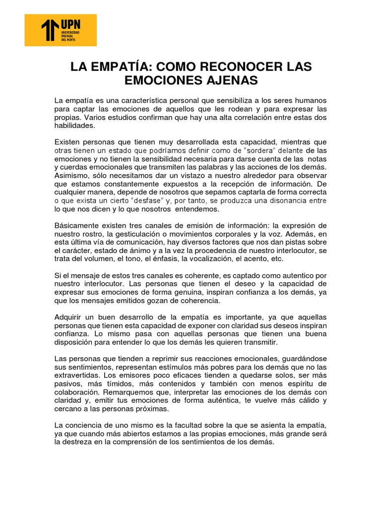 Lectura y Actividades de La Empatía | PDF | Empatía | Las emociones