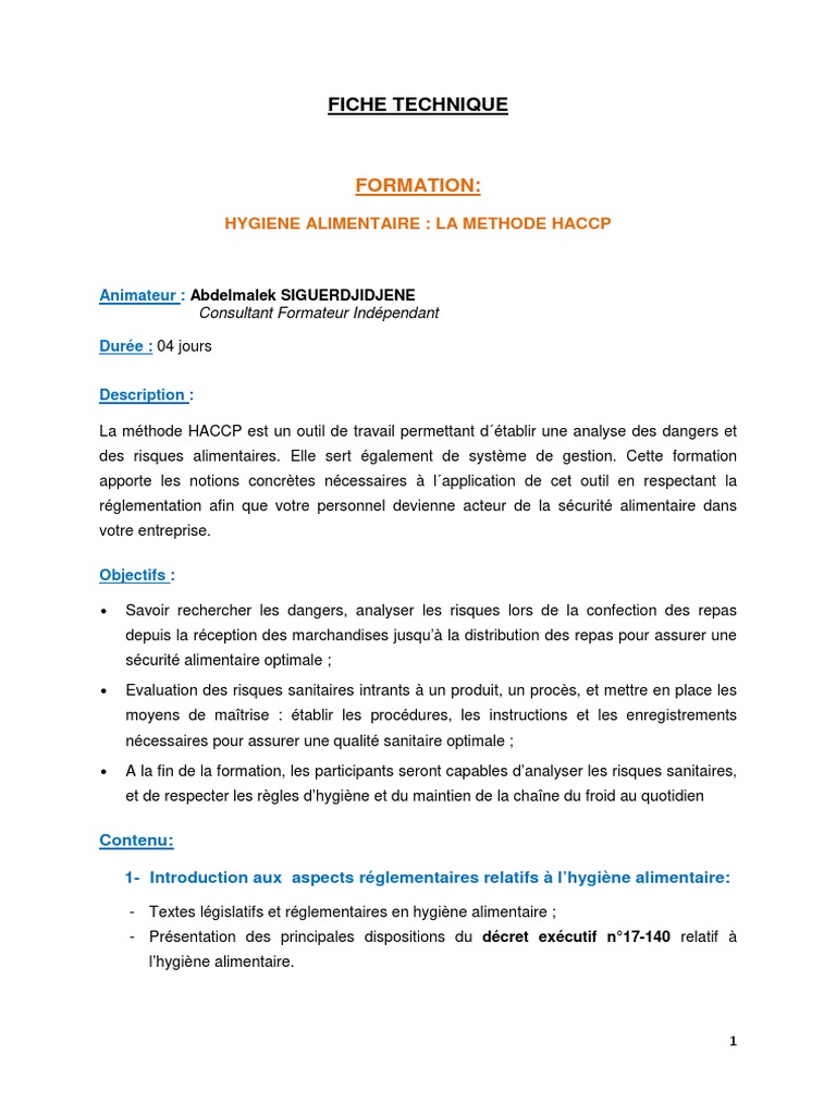 Fiche Technique Haccp | Descargar gratis PDF | Analyse des dangers et ...