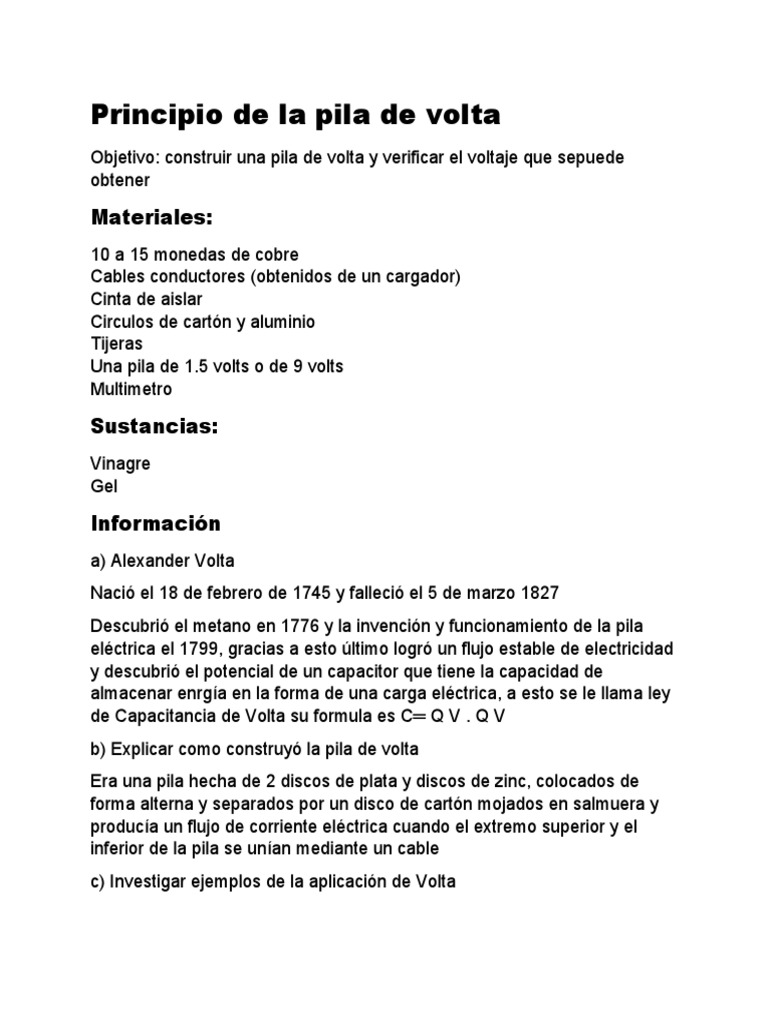Construcción de la Pila de Volta | PDF | Corriente eléctrica | Voltio