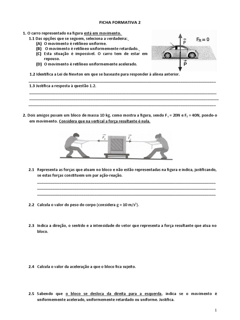 Ficha Formativa 2 - 9ano (Forças e Movimentos) | PDF | Força | Leis do ...