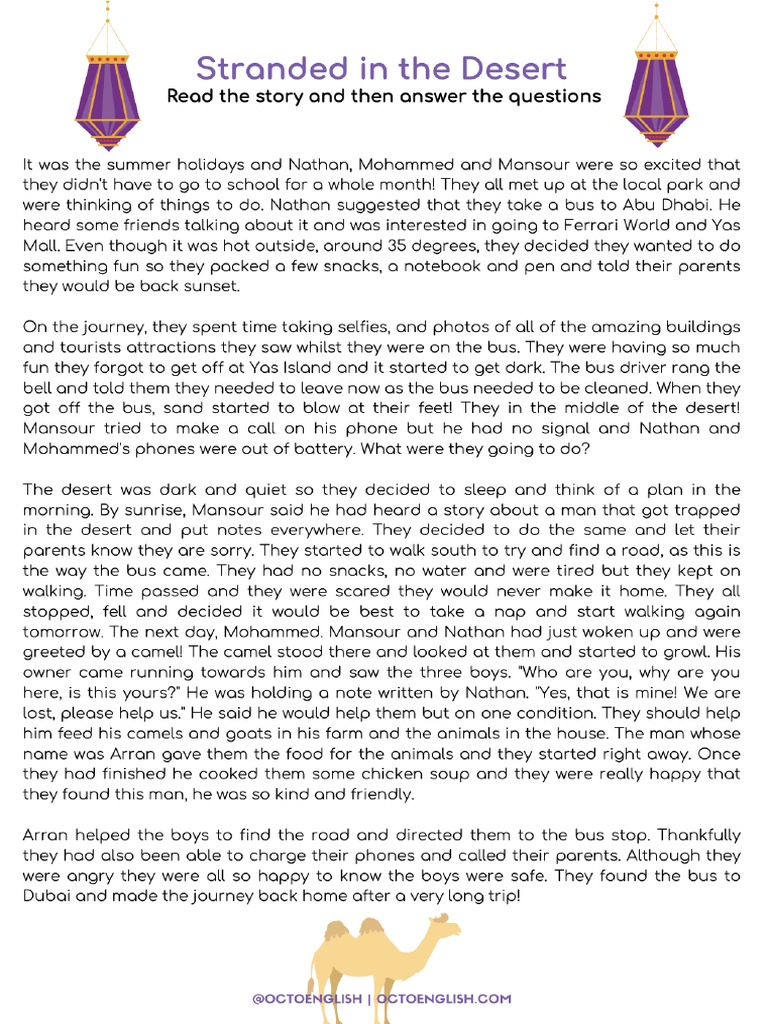 Reading Comprehension Stranded In The Desert Worksheet Pdf