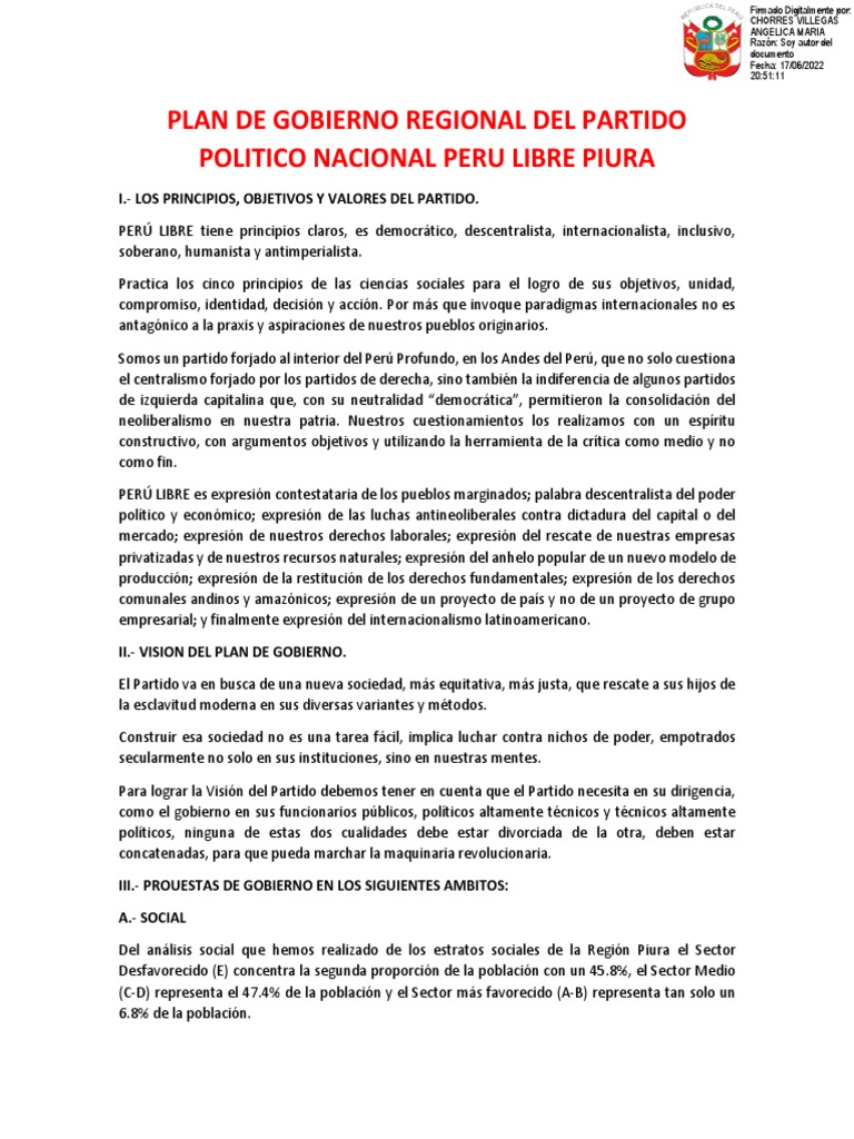 Plan de Gobierno de Perú Libre en Piura | PDF | Perú | Biodiversidad