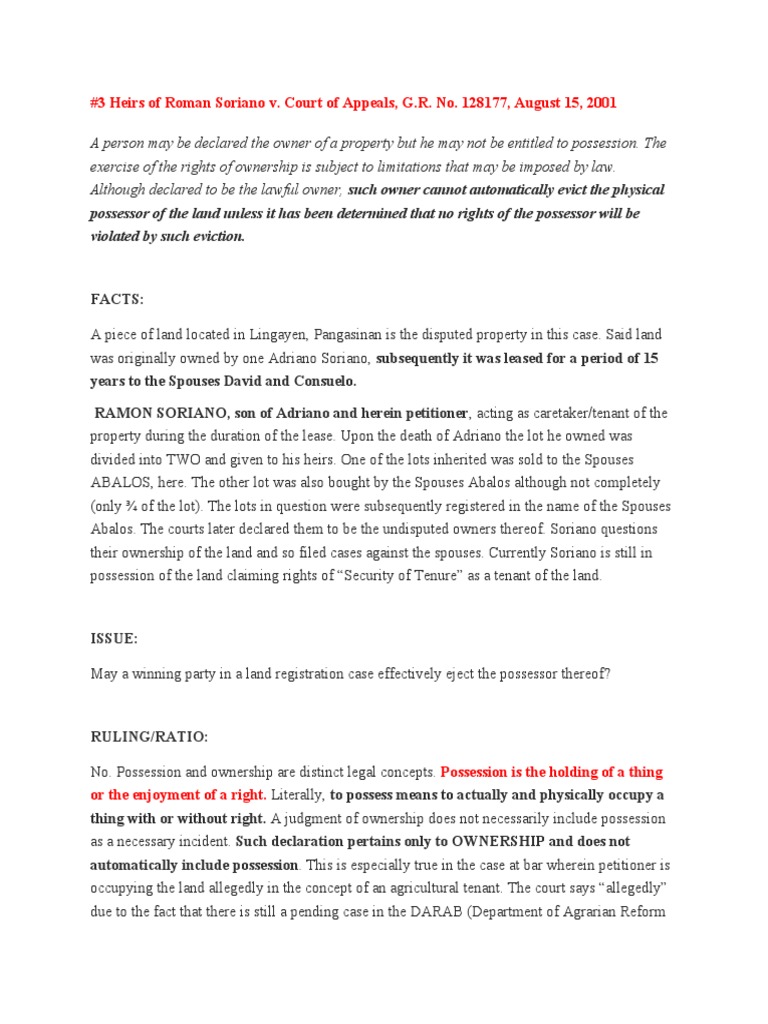 Heirs of Roman Soriano vs. CA (Property Law Case Digest) | PDF | Leasehold Estate | Property
