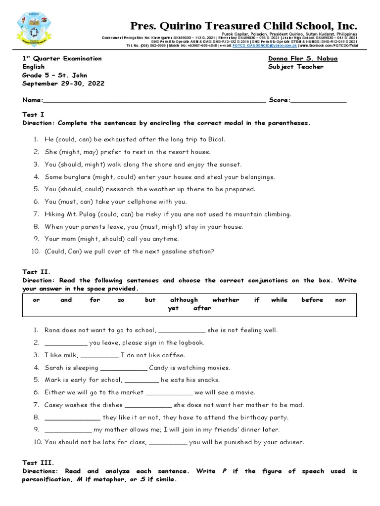Grade 5 English 1st Quarter Exam | PDF