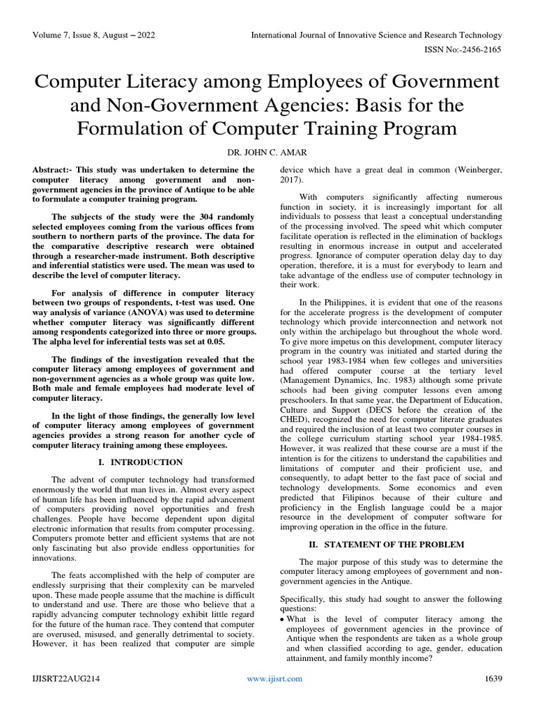 Computer Literacy Among Employees of Government and Non-Government ...