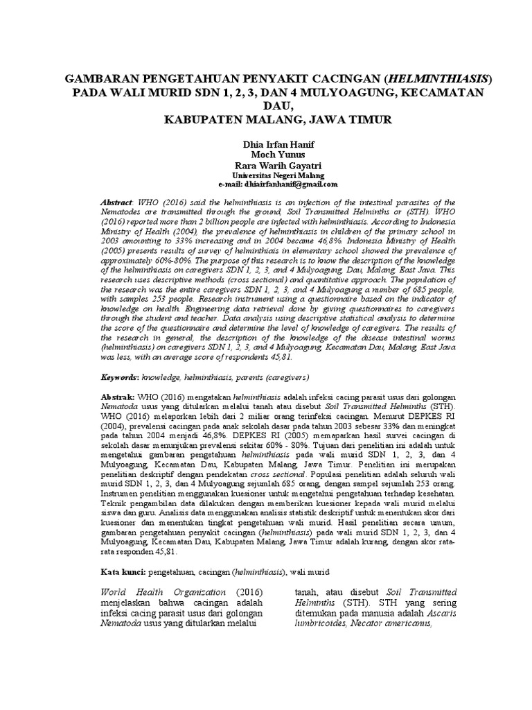 Pengetahuan Helminthiasis pada Wali Murid | PDF | Parasitism ...