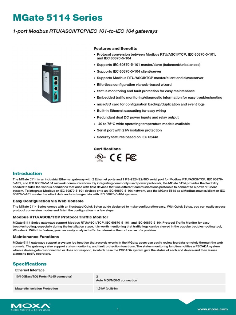 MGate 5114 Series Datasheet | PDF | Port (Computer Networking) | Transmission Control Protocol