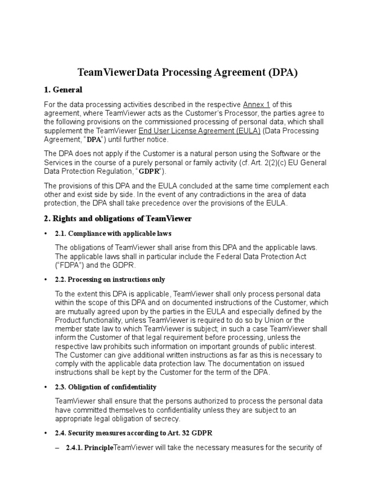 Teamviewerdata Processing Agreement (Dpa) : 1. General | PDF | Business ...