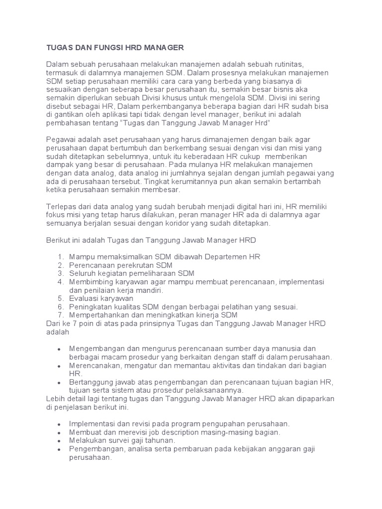 Tugas Utama HRD Manager | PDF | Karier & Perkembangan | Bisnis