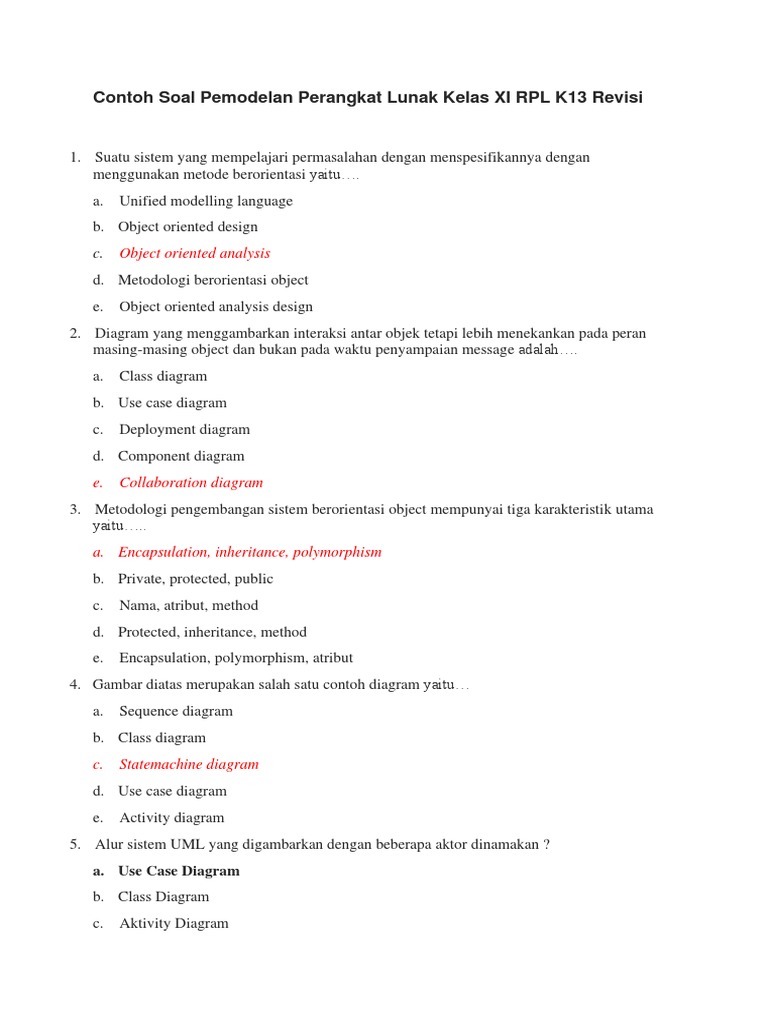 Contoh Soal Pemodelan Perangkat Lunak Kelas XI RPL K13 Revisi | PDF