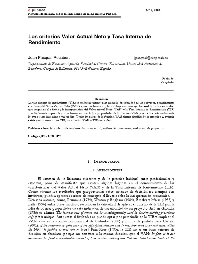 Loscriterios Valor Actual Netoy Tasa Internade Rendimiento | PDF ...