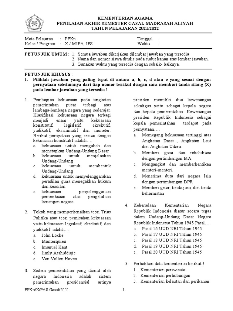SOAL PAS Gasal PPKN X 2021 | PDF | Politik