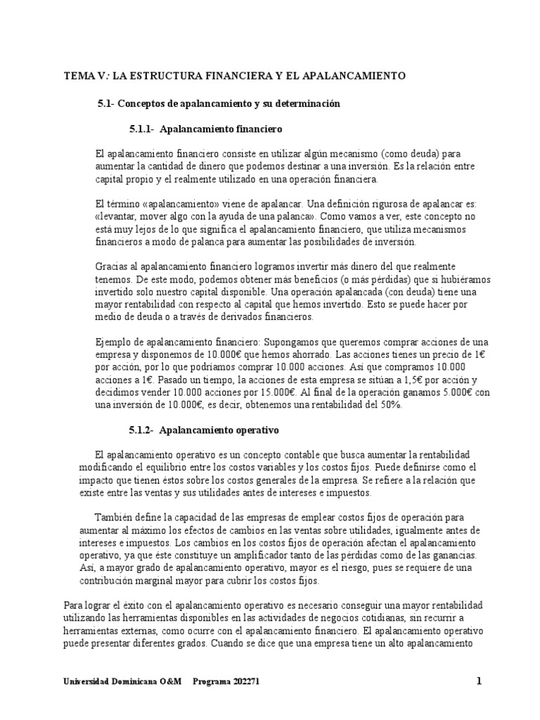 Tema 5 - Guia Estructura Financiera y Apalancamiento | PDF | Apalancamiento (Finanzas) | Deuda