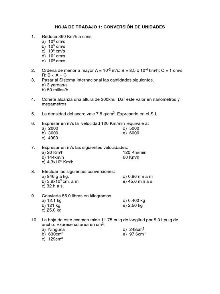 Ae Hoja de Trabajo 1 Conversión de Unidades | PDF
