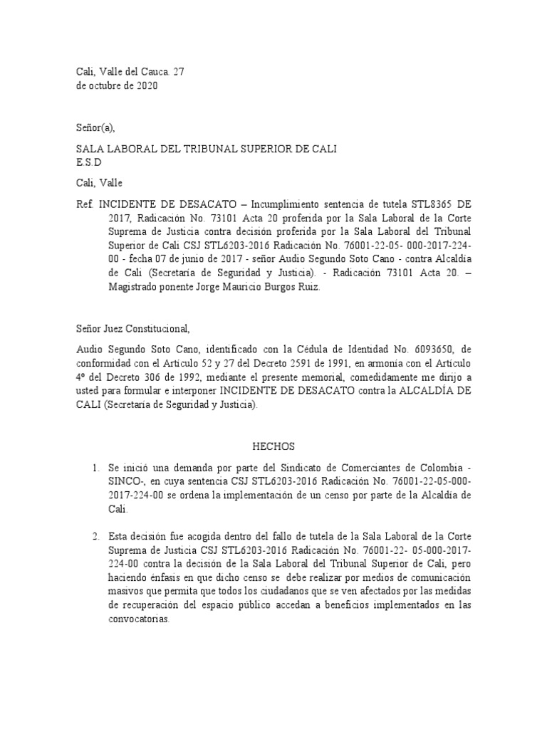 Incidente de Desacato en Cali 2020 | PDF | Debido al proceso ...