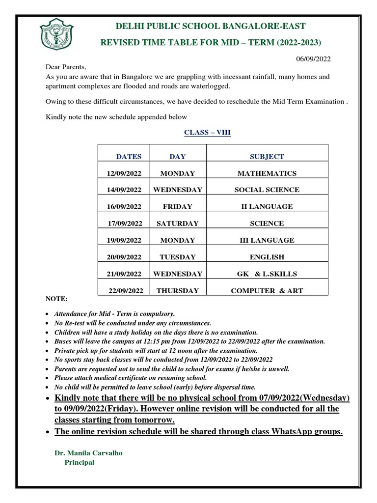 DPS Bangalore East Mid-Term Timetable 2022 | PDF