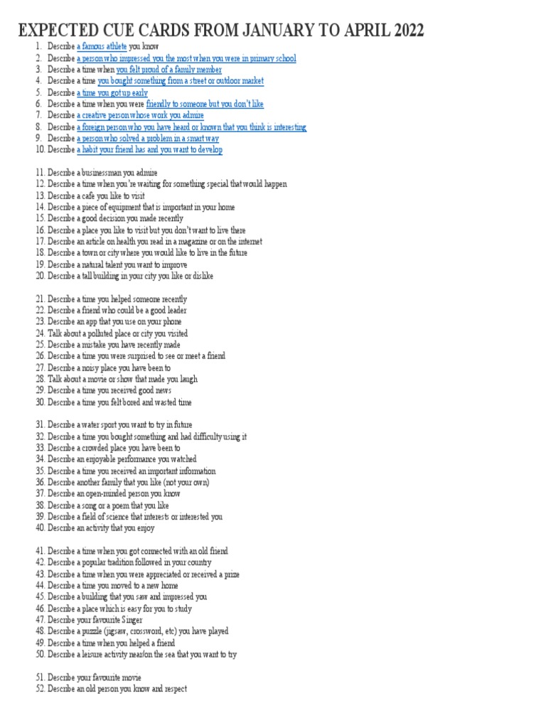 Cue Card Topics | PDF | News