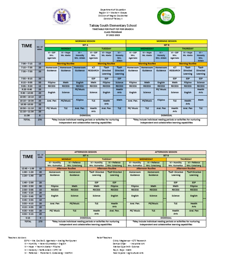 Timetable For Pilot F2F For Grade 6 | PDF | Educational Organizations ...