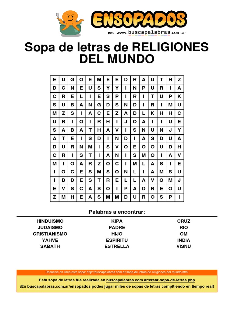 Sopa de Letras de Religiones Del Mundo | PDF | Teología | Religiones ...