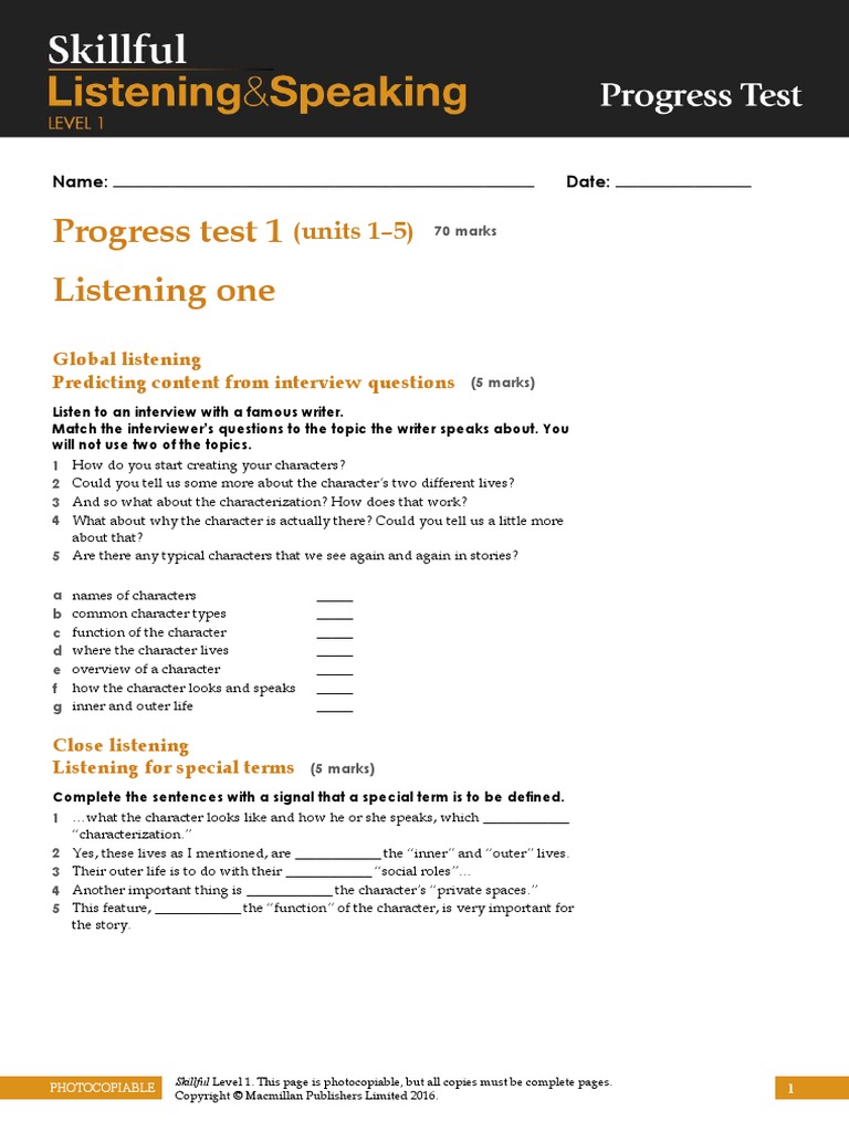 Skillful LS1 Progress Test 1 (Units 1-5) | PDF | Cognitive Science ...