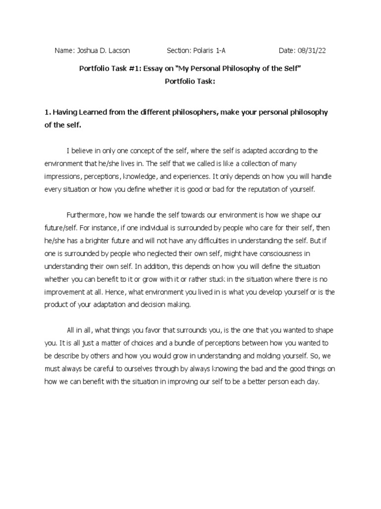 Portfolio Task 1 - My Personal Philosophy of The Self Lacson Joshua D | PDF