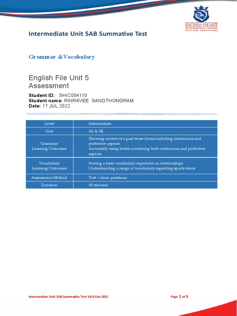 SHIC EF - Int - 5AB - Grammar&VocabularyAssessment - V4.0 | PDF | Vocabulary | Linguistics