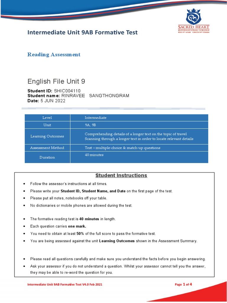 SHIC EF - Int - 9AB - ReadingAssessment - V4.0 | PDF | Multiple Choice