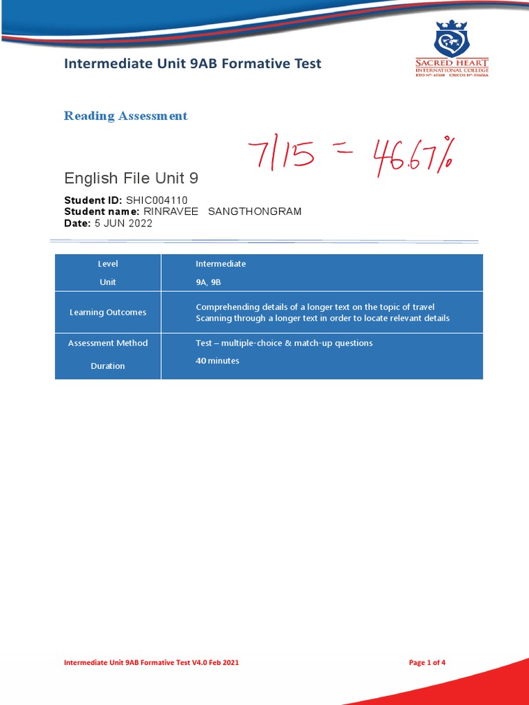 SHIC EF - Int - 9AB - ReadingAssessment - RINRAVEE | PDF | Multiple Choice
