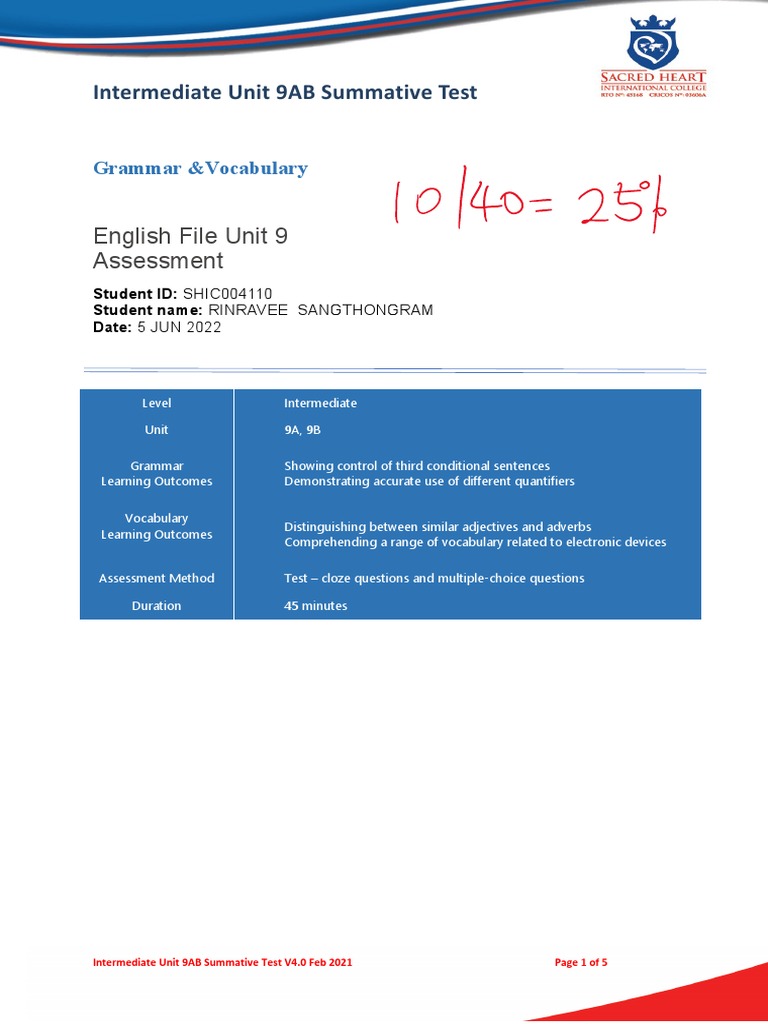 SHIC EF - Int - 9AB - Grammar&VocabularyAssessment - RINRAVEE | PDF ...