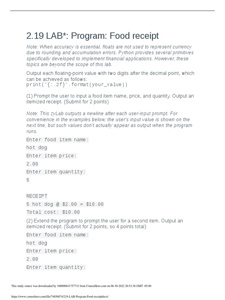 2.19 LAB Program Food Receipt | PDF | Software Engineering | Computer ... 2.19 LAB Program Food Receipt | PDF | Software Engineering | Computer ...