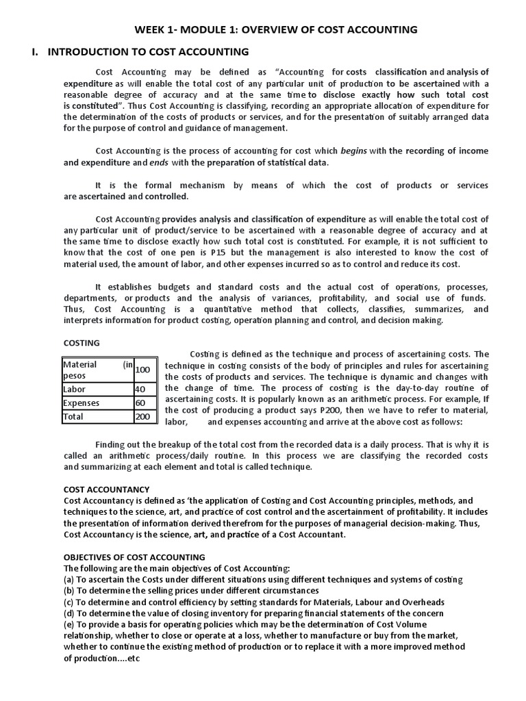 Week 1-Module 1: Overview of Cost Accounting I. Introduction To Cost ...