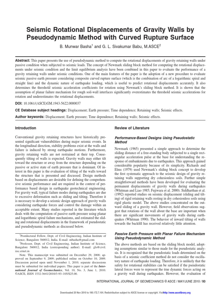 Basha - 2010 - Seismic Rotational Displacements of Gravity Walls by ...