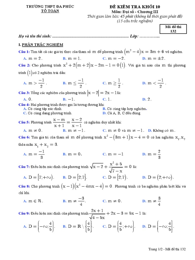 De Kiem Tra Dai So 10 Chuong 3 Truong THPT Da Phuc Ha Noi | PDF