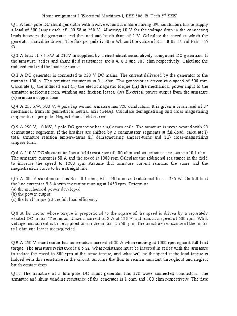 Assingment No.1 EEE 306 | PDF | Electric Motor | Electric Generator