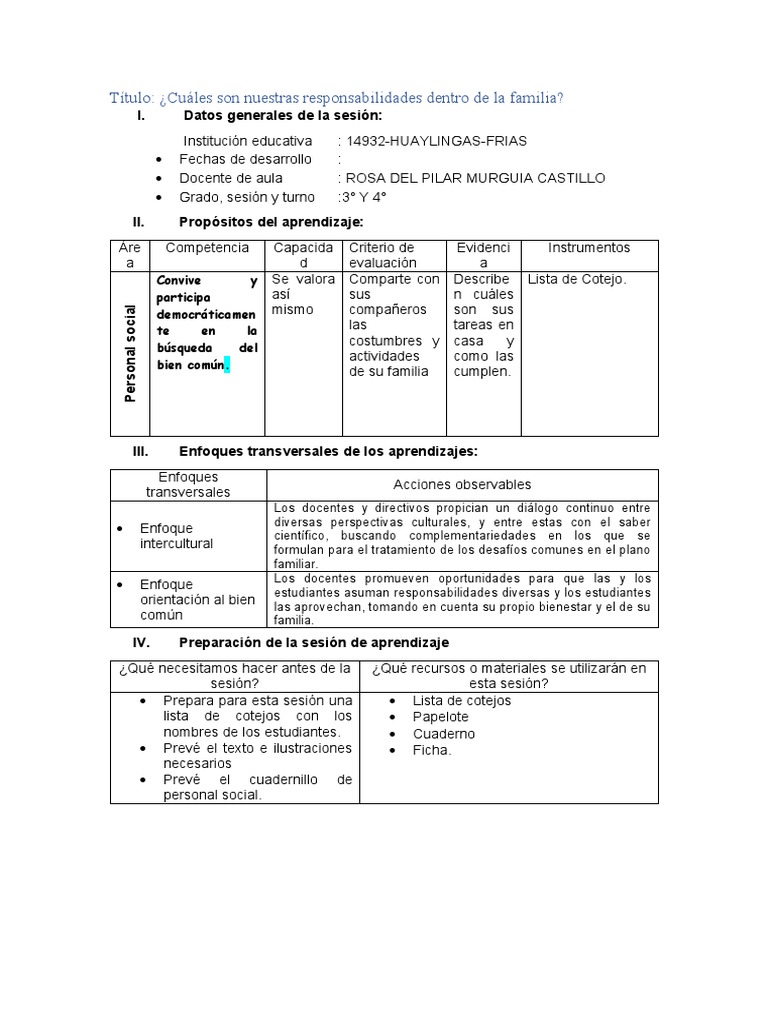 Sesion - Cuales Son Nuestras Responsabilidades Dentro Nuestra Familia | PDF | Evaluación ...
