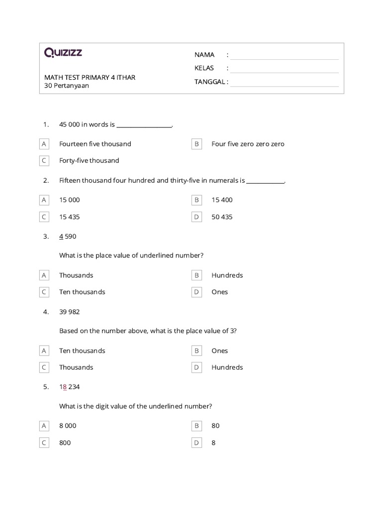 Math Test Primary 4 Ithar | PDF | Numbers | Naming Conventions