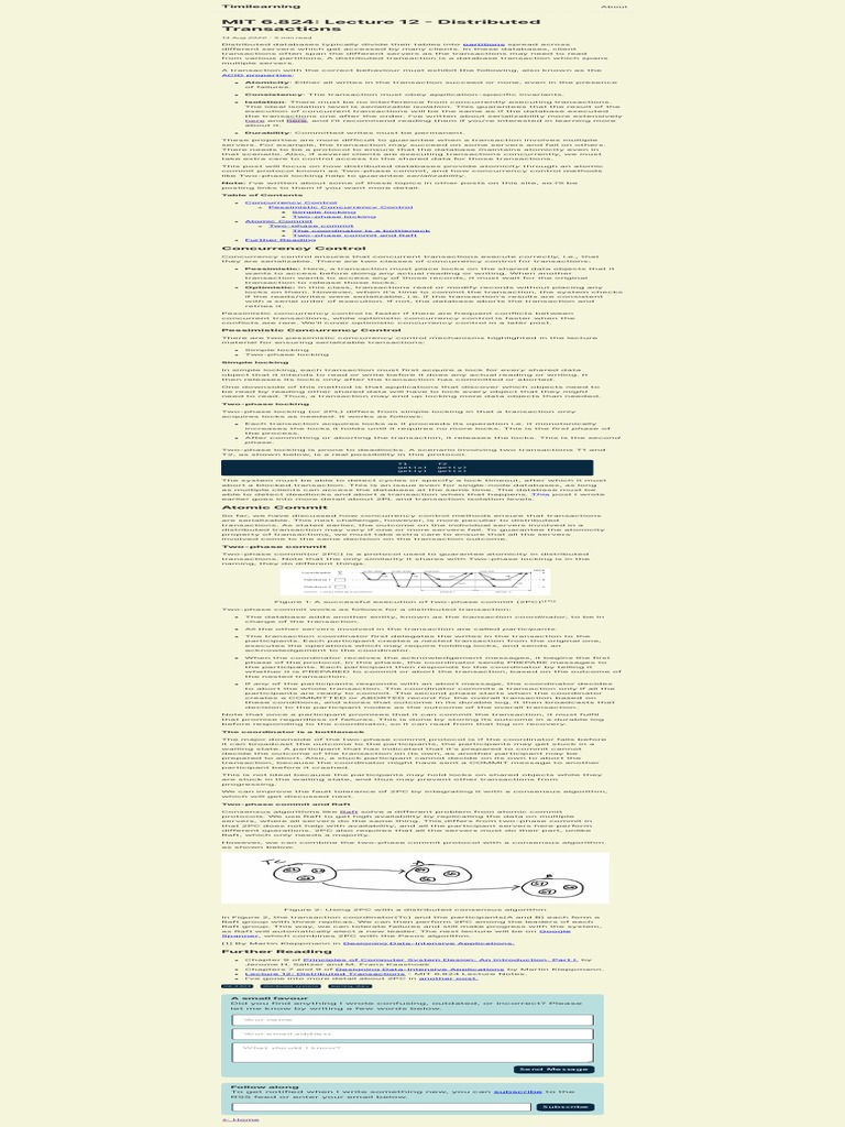 Mit 6 824 Lecture 12 Distributed Transactions Pdf Database