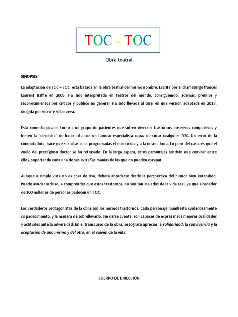 TOC-ToC Obra Teatral | PDF | Desorden obsesivo compulsivo | Teatro