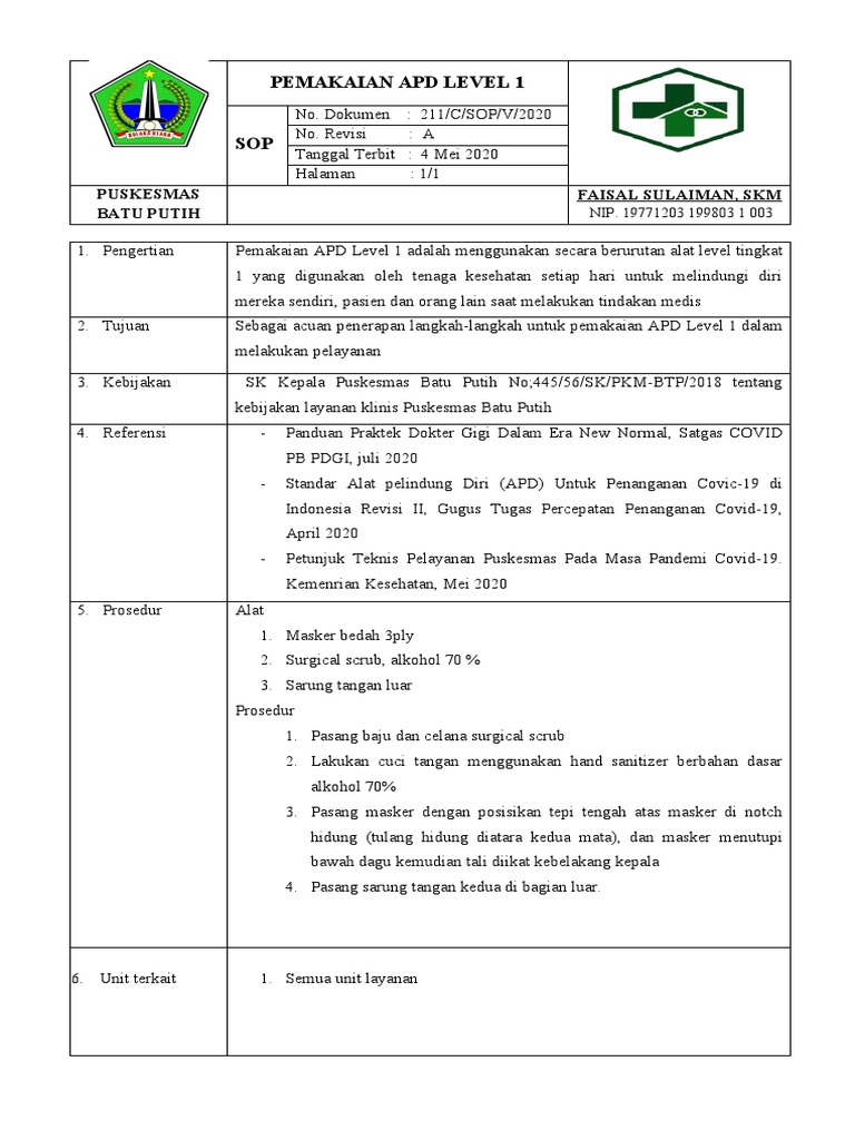 71.SOP Pemakaian APD Level 1 | PDF