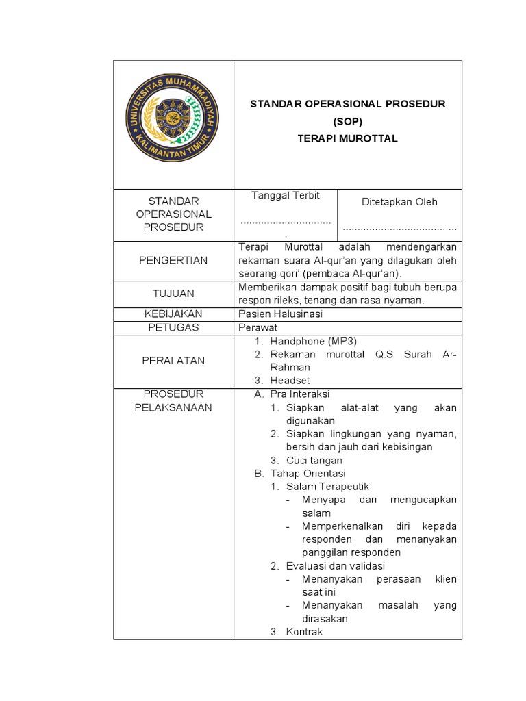 Standar Operasional Prosedur Terapi Murottal | PDF