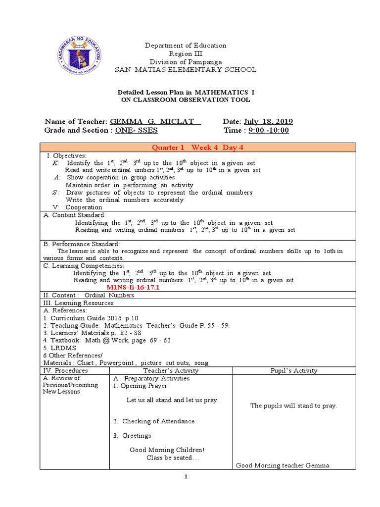 Grade 1 Math Lesson Plan: Ordinal Numbers | PDF | Teachers | Learning